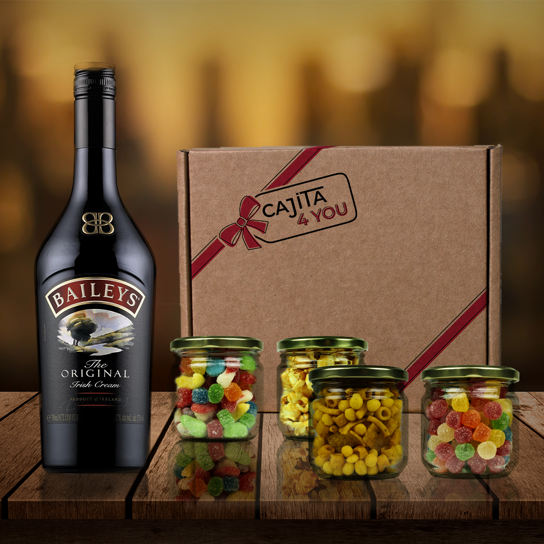 Caja regalo de Baileys con snacks y mensaje personalizado – Cajita 4 You